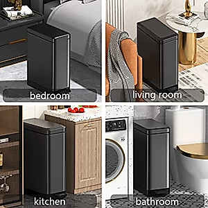 Aupekro Trash Can with Lid Soft Close, 2.6 Gallon Stainless Steel Step Garbage Can, Slim Rectangular Trash Bin with Removable Inner Bucket for Bedroom, Bathroom, Kitchen, Office(Black)