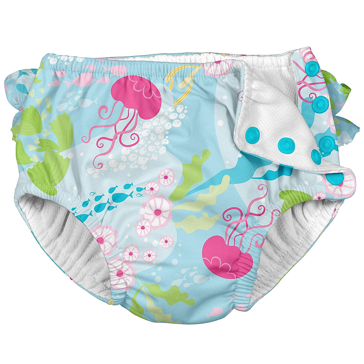 i Play by Green Sprouts Girls Reusable Absorbent Toddler Swim Diapers - Swimming Suit Bottom | No Other Diaper Necessary Aqua Coral Reef 3T