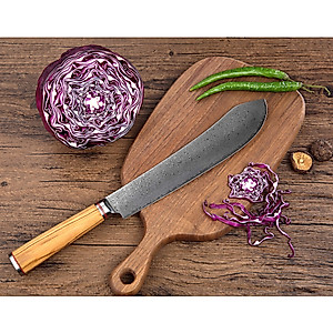 YOUSUNLONG Breaking Knife Bull Nose Pro Butcher Knife 10 Inch Japanese Damascus Steel Italian Olive Wood Handle with Leather Sheath