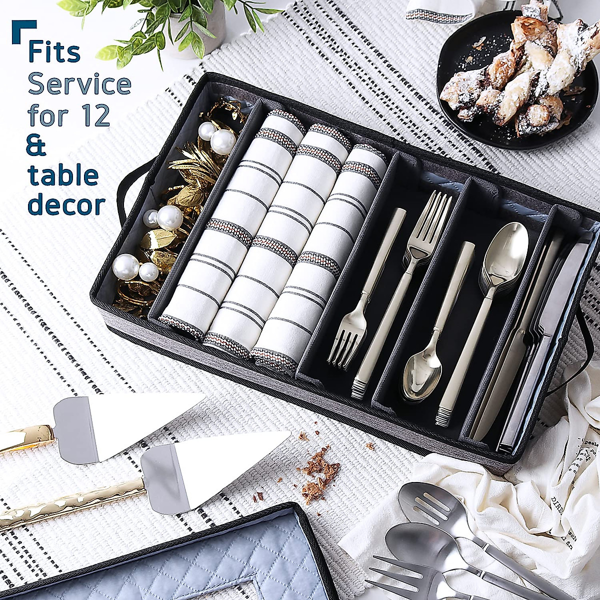 Flatware & Utensil Storage - Durable Silverware Storage Box with Padded Dividers, 5 Compartment Flatware Storage Case, Silverware Case with Handles and Removable Lid - Protects and Organizes Cutlery