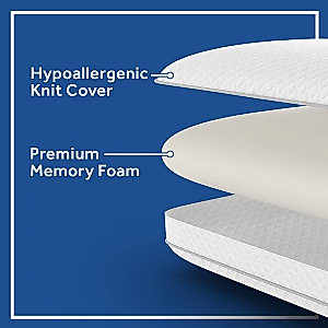 Sealy Essentials Memory Foam Bed Pillow for Pressure Relief, Adaptive Memory Foam Pillow with Washable Knit Cover, Standard, 24 x 16 in x 5 in,White