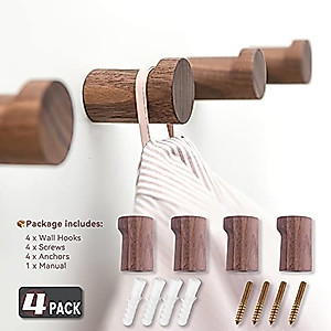 HEIOE Wood Wall Hooks - 4 Pack Natural Wooden Hooks Decorative - Rustic Coat Hook Wall Mounted - Minimalist Hat Rack - Handmade Wall Hooks for Hanging Coats (Black Walnut),Dark Brown