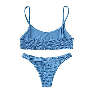 Verdusa Women's 2 Peices Textured Bathing Suit Smocked Wireless Bikini Bandeau Top Thong Swimsuit Blue M