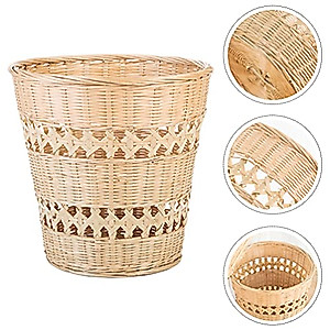 Hemoton Shelf Woven Rubbish Basket Round Bamboo Waste Basket Rattan Trash Can Straw Storage Baskets Wooden Garbage Can Decorative Laundry Hamper Flower Basket Vase Woven Wastebasket Office Decor