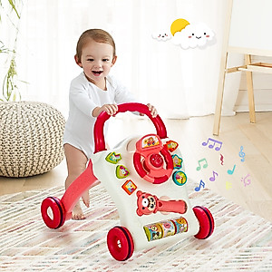 BABY JOY Sit to Stand Learning Walker, Baby Push Walker with Projector & Play Panel, Kids Early Education Activity Center with Lights & Sounds, Musical Walking Toys Gift for Toddler Boys Girls (Red)