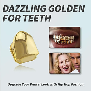 YAFIYGI 4 Pieces Gold Plated Gold Tooth Cap- Hip Hop Teeth Accessories - Plain Single Tooth Cap for Teeth Mouth - Realistic Fake Teeth Grills for Party - Open Face Front Tooth Caps