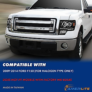 AmeriLite for 2009-2014 Ford F150 Pickup Xtreme LED Halos Black Projector Replacement Headlights Set - Passenger and Driver Side