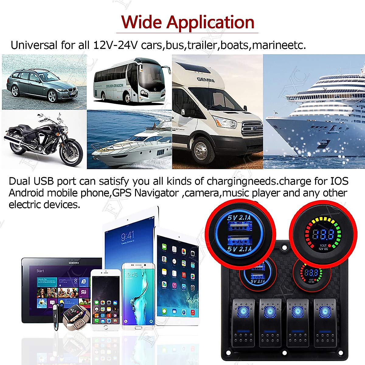 FXC 4 Gang Waterproof Marine Boat Rocker Switch Panel, DC 12V 5 Pin ON-Off Switch, with RGB LED Digital Display Voltmeter and 4.2A Dual USB Slot Socket for Boat Car Rv Vehicles Truck
