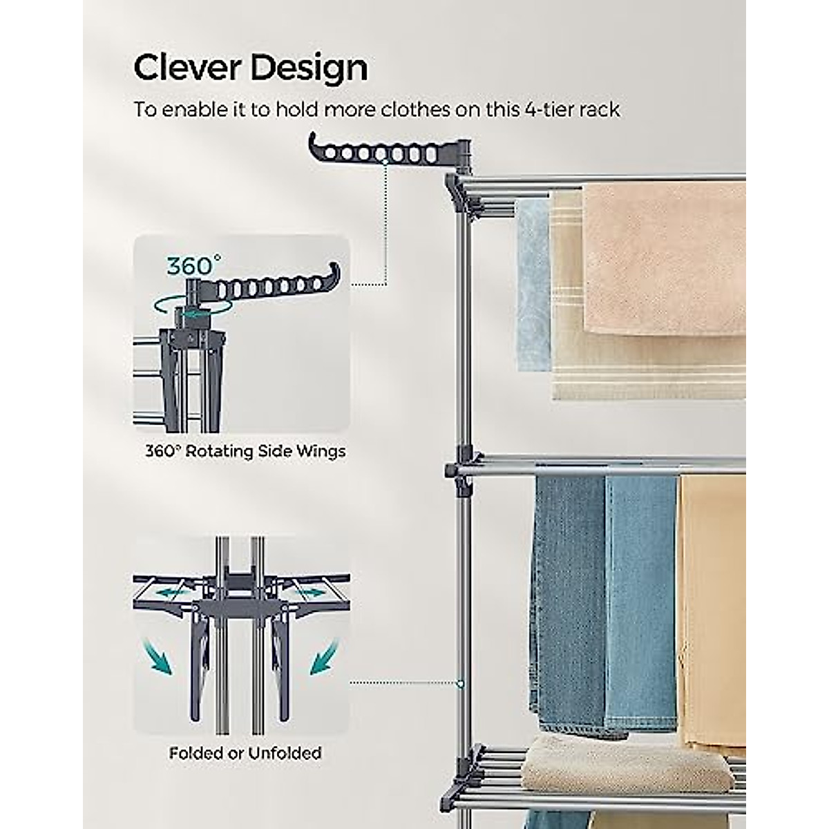 SONGMICS Clothes Drying Rack Stand 4-Tier, Foldable Laundry Drying Rack 67.7-Inch Tall, Stainless Steel, Rolling Clothes Horses Dryer Rack, Easy to Assemble, Indoor Outdoor Use, Gray ULLR701G01