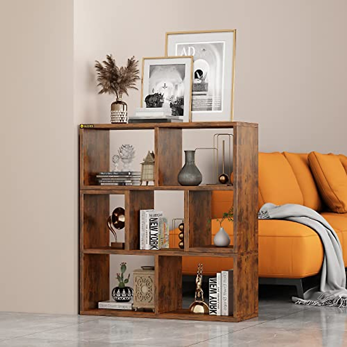 ALISENED 7-Cube Storage Shelf Organizer Bookshelf System, Modern Bookcase Open Standing Book Shelving Cabin, Wooden Bookshelf Display Cube Shelves Compartments