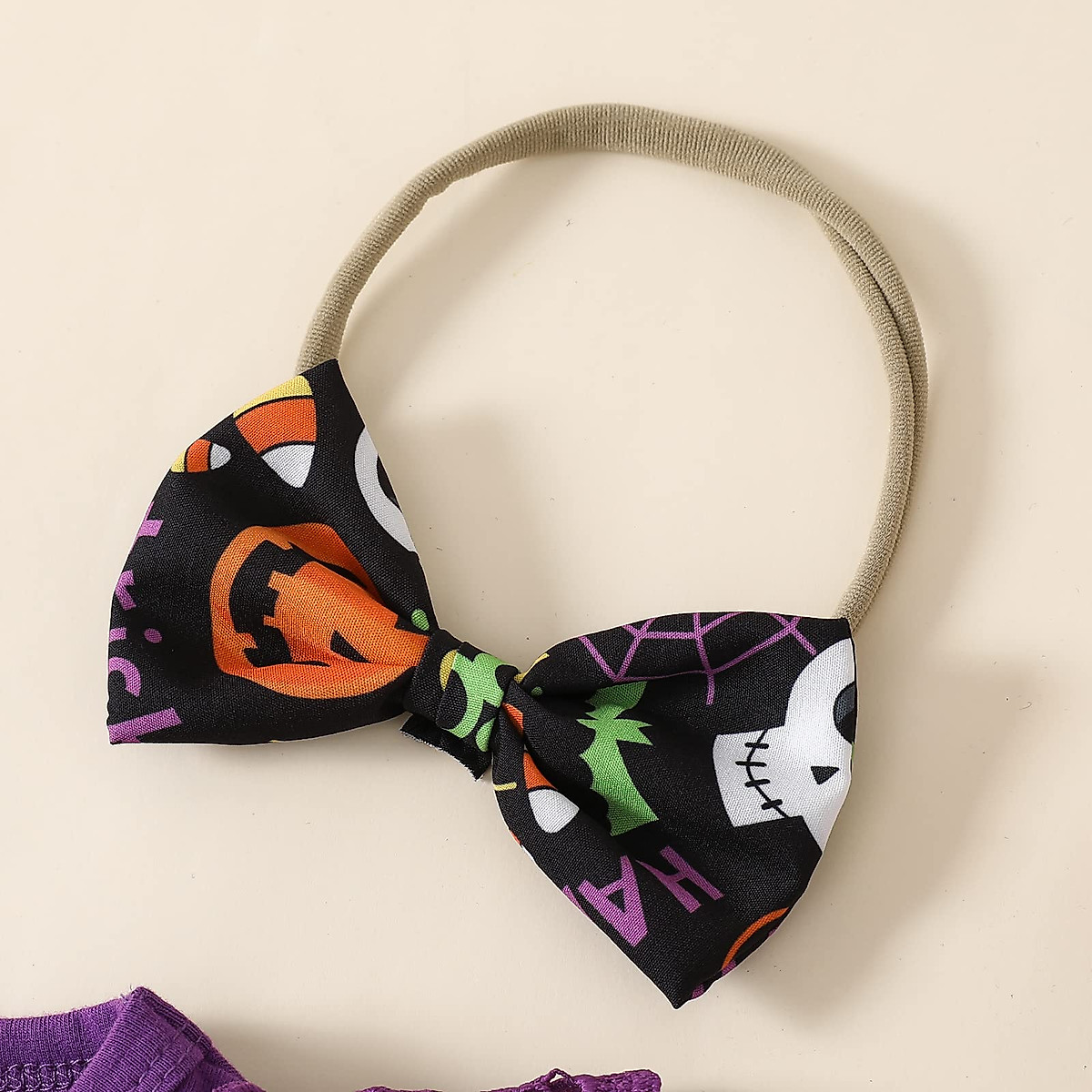 Guodeunh Newborn Baby Girl Halloween Outfits Ruffle Pumpkin Romper Tunic Drees Long Sleeve Skirt Set+Headband Fall Winter Clothes（Purple- Black,12-18 Months）