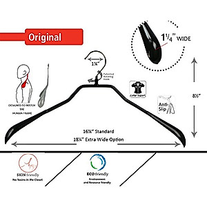 Mawa by Reston Lloyd BodyForm Series Non-Slip Space-Saving Clothes Hanger For Jackets, Suits & Coats, 16-1/2", Style 42/L, Set of 5, Black