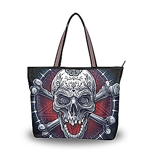 Tote Bag Skull Pentagram Star Print, Large Capacity Zipper Women Grocery Bags Purse for Daily Life 2 Sizes