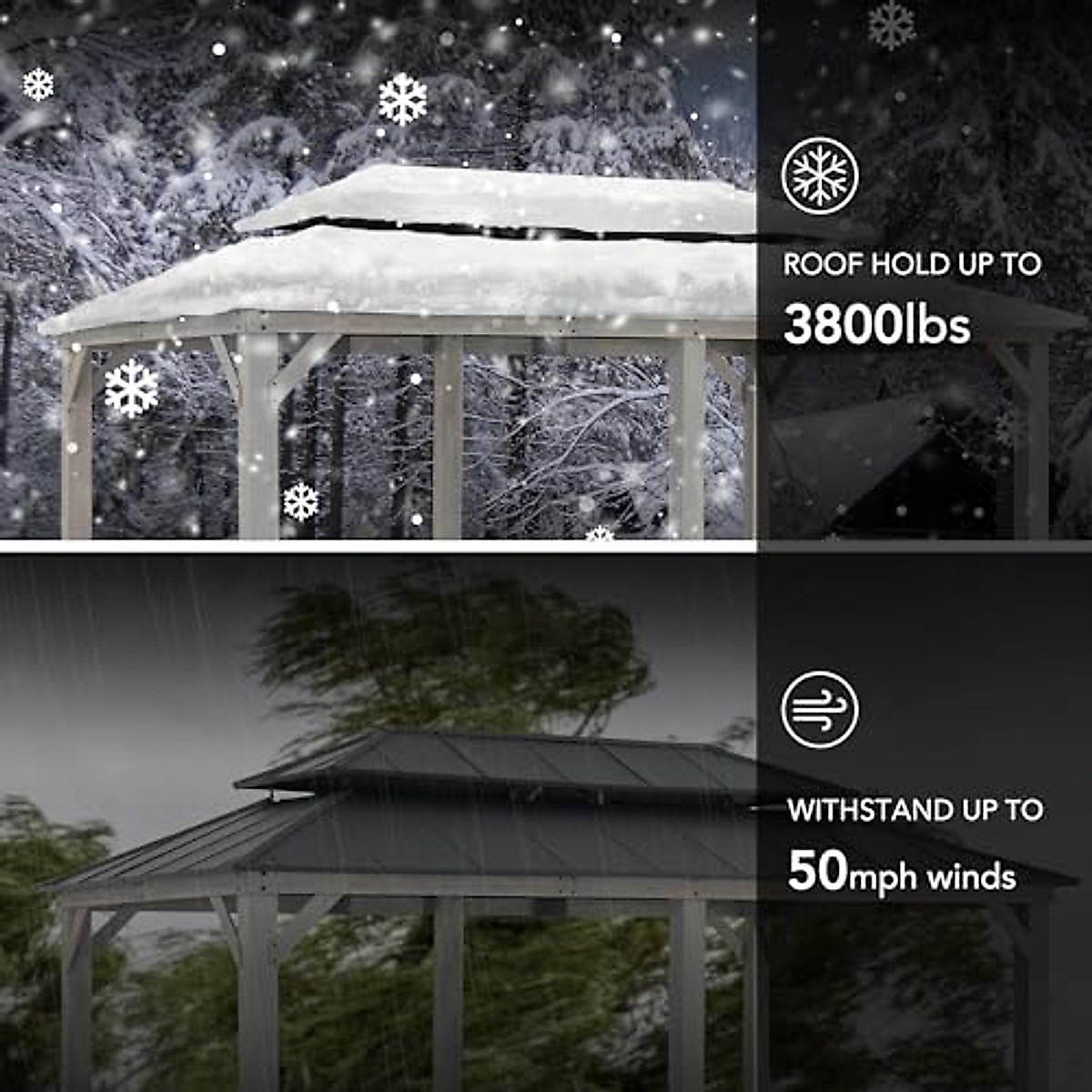 SUNJOY 12 x 20 ft. Wood Gazebo, Outdoor Patio Aluminum Hardtop Gazebo, Cedar Framed Wooden Gazebo with 2-Tier Roof, Suitable for Patios, Lawn and Backyard, Matte Black Roof + Gray Wood Frame