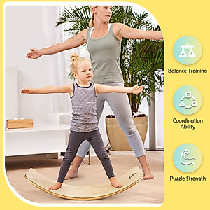 Goplus Wobble Board, 35Inch Wooden Balance Board for Kids & Adults Support 660LBS, Toddler Open-Ended Learning Toy Yoga Curvy Rocker Board for Balance Training, Home Exercise (15.5 INCH Width)