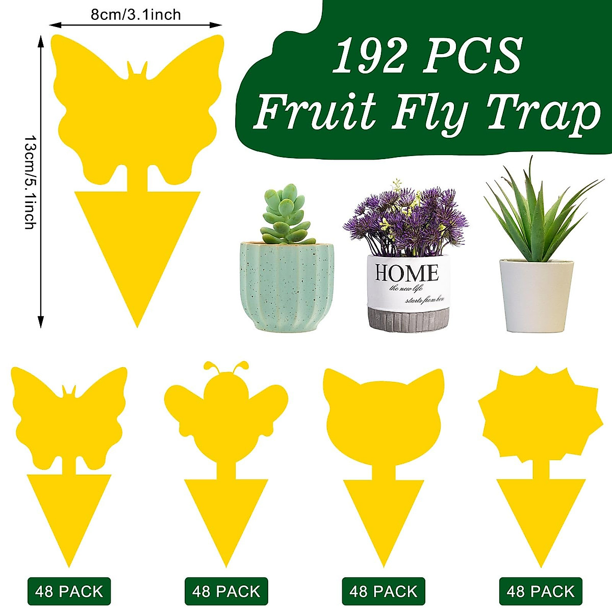 Qualirey 192 Pcs Yellow Sticky Traps Fruit Fly Trap Gnat Traps Gnat Killer 3.15 x 5.12 Inch for Mosquito Bug Fungus Gnat Fruit Fly Kitchen Indoor Outdoor Houseplants 4 Shapes