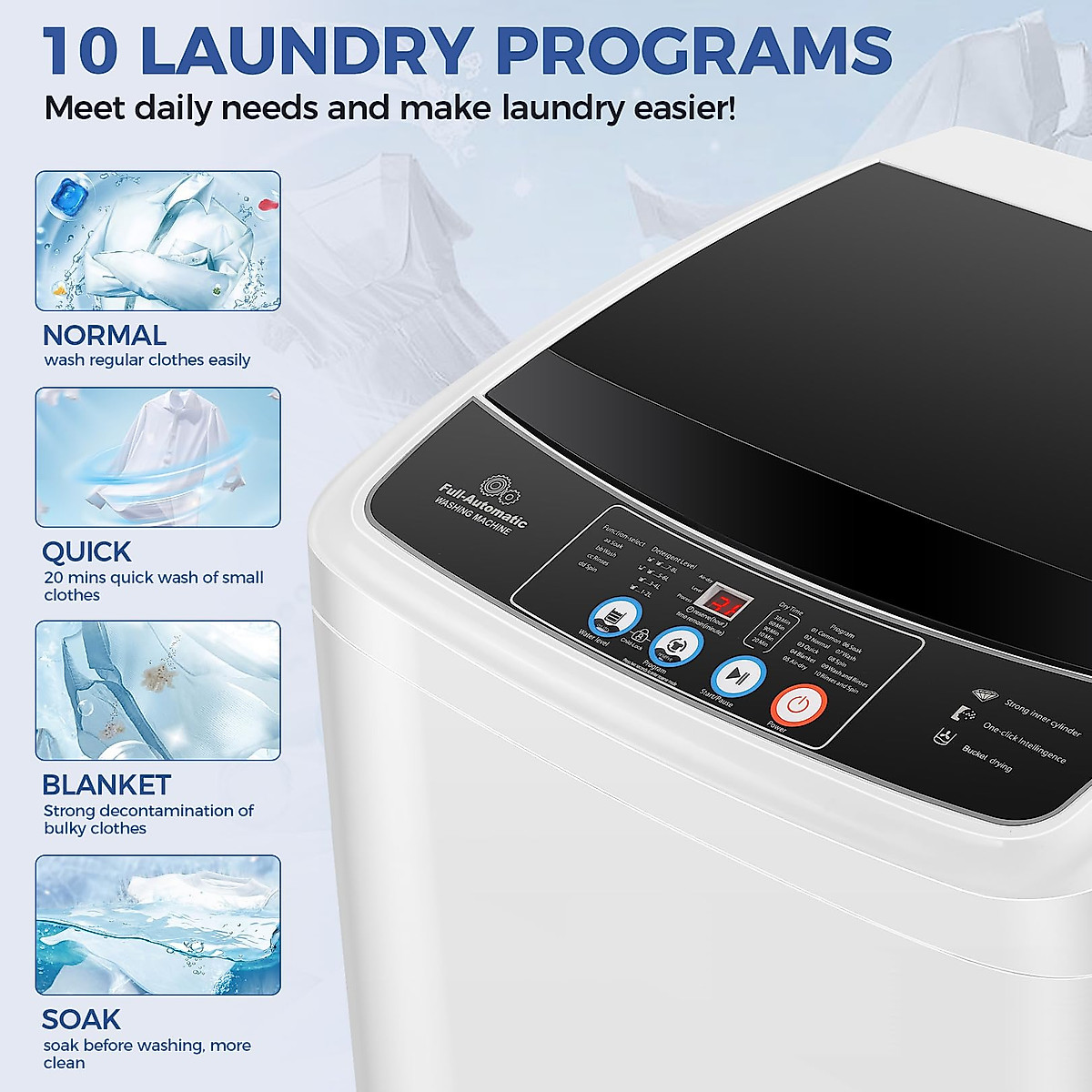Nictemaw Portable Washing Machine 17.8Lbs Large Capacity 2.4 Cu.ft Portable Washer Machine with 10 Programs and 8 Water Levels Selections Mini Washing Machine for Apartment, Home, Dorms, Rv