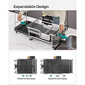 SONGMICS Dish Drying Rack, Rustproof Aluminum Dish Drainer with 21.1-28.2 Inches Expandable Drainboard, Rotatable Spout, for Kitchen Counter, Glass and Cup Holders, Silver and Black UKCS031E01