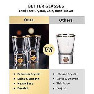 JBHO 1.5 Oz 24K Gold Rim and Base Shot Glasses Set of 6, Crystal Heavy Base, Cool and Fancy, Serving Tequila, Liquor, Bourbon, Vodka and Whisky, Unique Christmas Gift