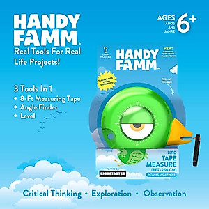 Handy Famm 8Ft Animal-Shaped Kids Tape Measure, Level & Protractor Angle Finder, Fun Educational Children's Tape Measure, Small Measuring Tape for Learning Early Math Skills, Ages 6+, Green Bird