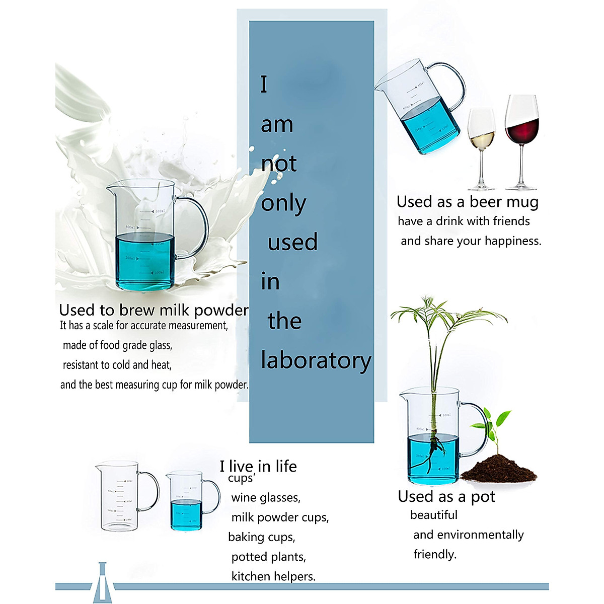 KINNOSE Graduated Beaker Mug with Handle and Durable Bamboo Lid Borosilicate Glass Multi-Function Food Grade Measuring Cup 500ml