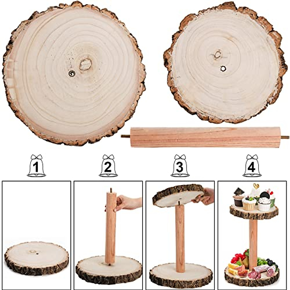 DEAYOU Rustic Cupcake Stand Wood, 2 Tier Cupcake Holder Wood Tiered Tray, Wooden Cupcake Tower Cheese Serving Board, Detachable Wood Slices Slab for Cake, Wedding, Dessert, Party, Display, Decor