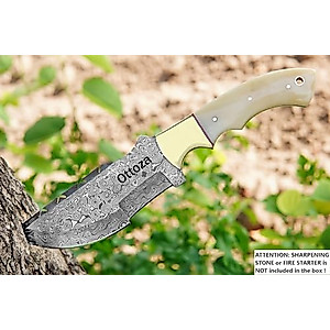 Ottoza Tracker Knife & Bone Handle - Damascus Hunting Knife - Horizontal Carry Knife Sheath 115