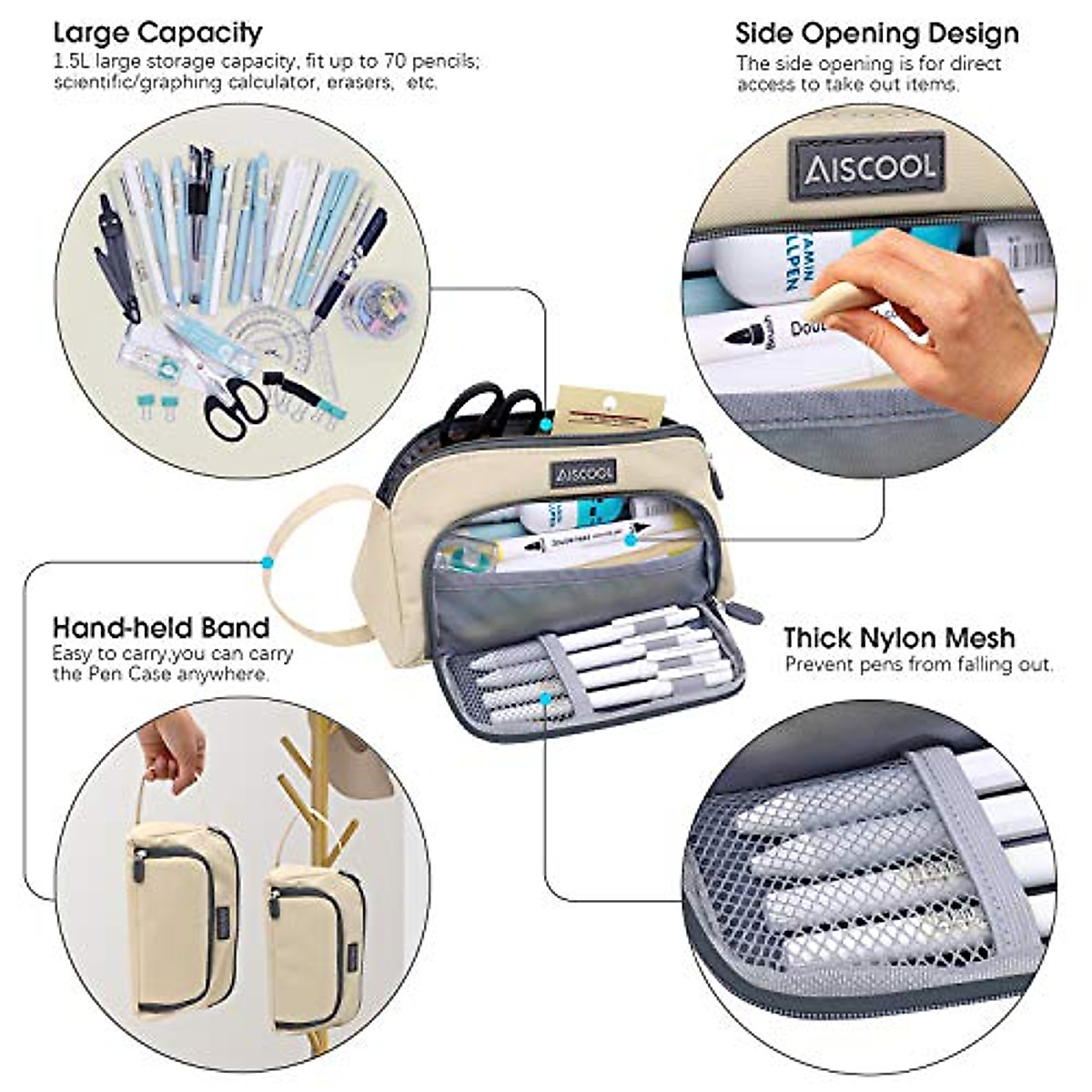 Aiscool Pencil Case Big Capacity Large Pencil Pouch Organizer Pen Bag Holder Stationery Box with Zipper and Compartments 1.5L Storage School Supplies College Office Boys and Girls Adult (Khaki)