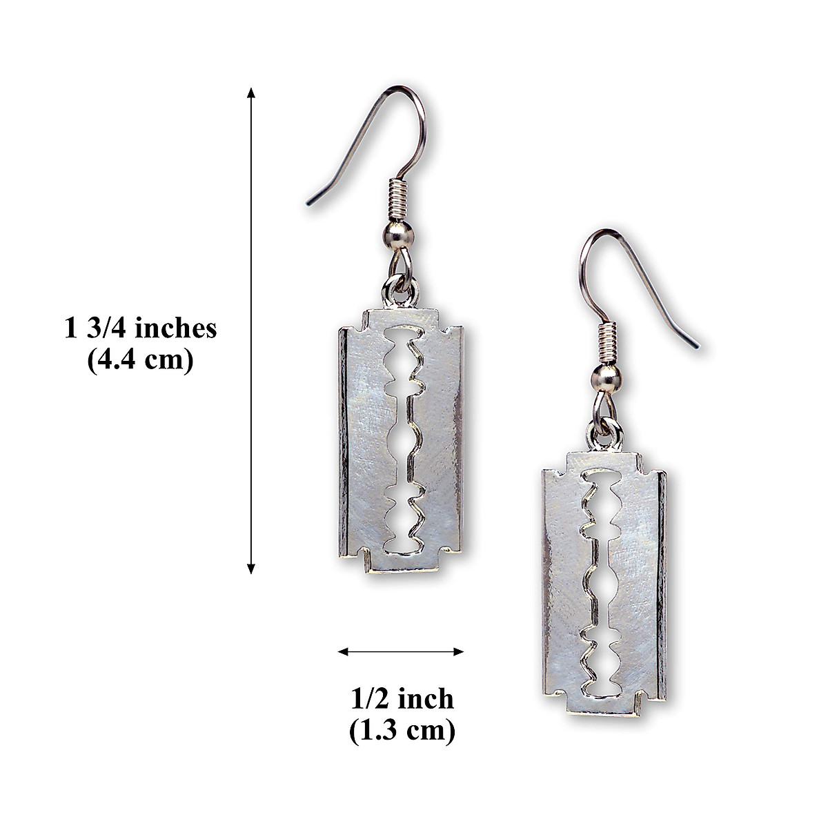 Gothic Razor Blade Dangle Earrings Polished Silver Finish Pewter