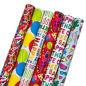 B-THERE Birthday Gift Wrap Wrapping Paper for Boys, Girls, Adults. 6 Cute & Funny Different Designs of 6 ft X 30 Roll! Includes Cactus, Fruit, Rainbows, Rainbow Sprinkles, Pizza, Balloons, Donuts