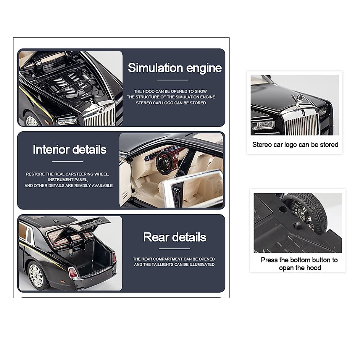 EROCK Exquisite car model 1/24 Rolls-Royce Phantom Model Car,Zinc Alloy Pull Back Toy car with Sound and Light for Kids Boy Girl Gift. (Black)