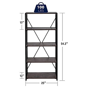 Bookshelf,5-Tier Folding Bookcase,Industrial Book Shelf,Rustic Wood Storage Shelves,Tall Bookshelf,Shelves For Bedroom,Office,Kitchen,Living Room,Study Room,No Assembly Folding Bookshelf,Black