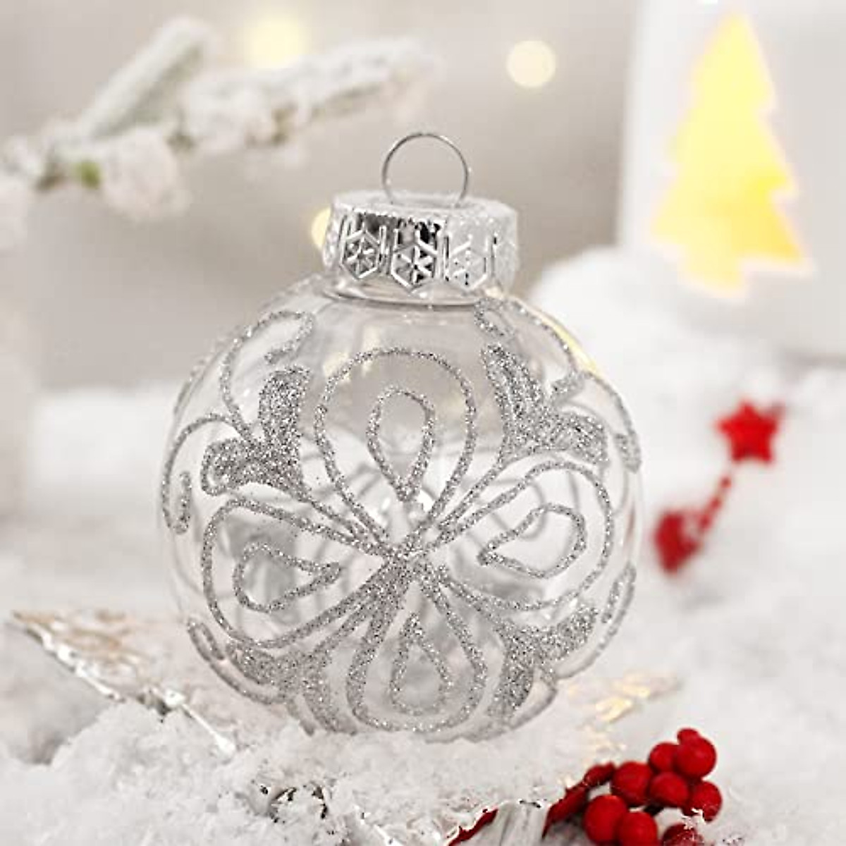 MoonXmas Christmas Ornaments Set, 2.75"/70MM Silver Clear Plastic Shatterproof Christmas Tree Hanging Decorations, for Indoor Home Halloween Thanksgiving Xmas Decor - 6Pcs.