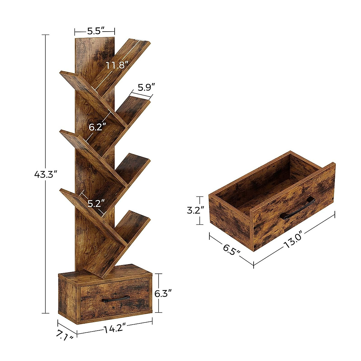 Rolanstar Bookshelf with Wooden Drawer, 7 Shelf Tree Bookshelf, Modern Book Storage, Free Standing Tree Bookcase, Utility Organizer Shelves for Home Office, Living Room, Bedroom, Rustic Brown