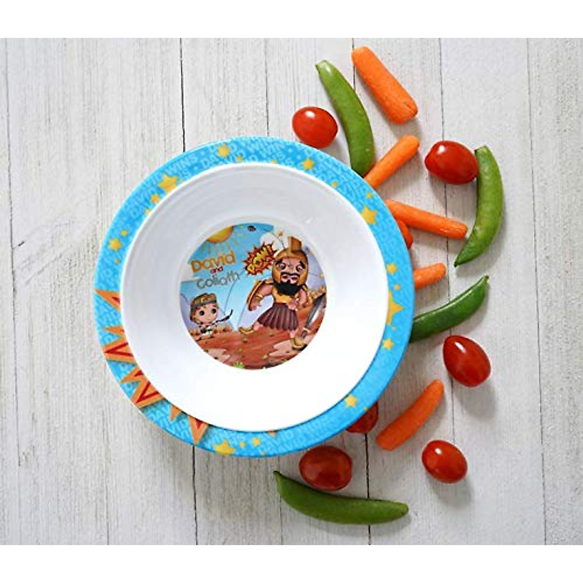 He Loves Me Kids Feeding David and Goliath 3 Piece Sets Toddler Dishes Multicolor, BPA Free, Kids Dinnerware Includes Round Bowl, Divided Plate and Children’s Cup Gift for Birthdays & Graduations