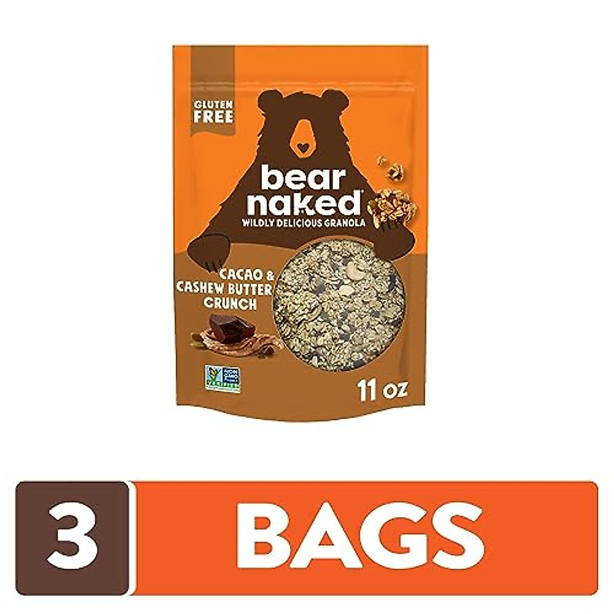 Bear Naked Granola Cereal, Whole Grain Granola, Breakfast Snacks, Cacao and Cashew Butter Crunch (3 Bags)