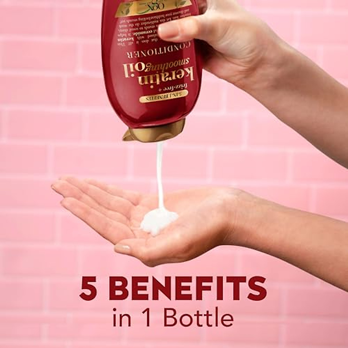 OGX Frizz-Free + Keratin Smoothing Oil Conditioner, 5 in 1, for Frizzy Hair, Shiny Hair, RED, 385 ml