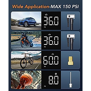 ZGZUXO Tire Inflator Portable Air Compressor,DC 12V Small Pump for Car Tires,150PSI Electric with Digital Pressure Gauge,LED Light Motorcycle Bike Ball,Bike Pump,Black-orange (CZK-3640)