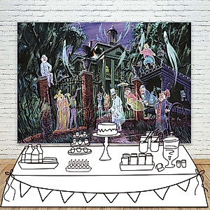 VV Backdrop Disneyland Haunted Mansion Backdrop 7x5 Ghost Wooden House Haunted Mansion Outdoor Background for Halloween Party Vinyl Black Night Halloween Backdrops for Photography