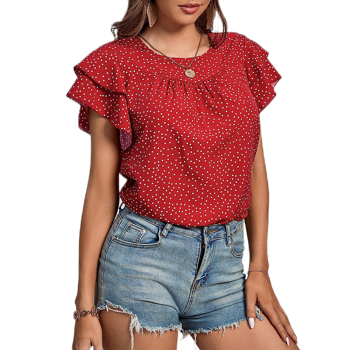 LYANER Women's Polka Dots Scoop Neck Layer Ruffle Trim Short Sleeve Blouse Shirt Top Red Medium