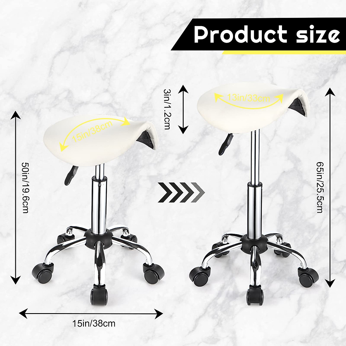 FNZIR Saddle Rolling Stool with Wheels PU Leather Height Adjustable Swivel Stools Chair White