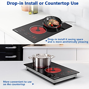 Karinear 110V Electric Cooktop 2 Burner - 12 Inch Plug in Electric Stove 110v, Countertop & Built-in Ceramic Cooktop, 2000W, Timer, Safety Lock, Residual Heat Indicator, Overheat Protection
