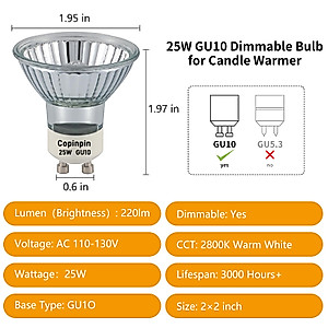copinpin GU10 Light Bulb 120V 25W 6pcs Candle Warmer, Dimmable Replacement for Candle Warmer Wax Burner Track Light Bulbs, Range Hood Light Bulbs White Light Pack of 6