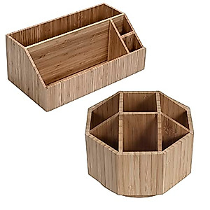 MobileVision Bamboo Bathroom Organizer Bundle Includes Compartments for Hair Care and Toiletries & Rotating Caddy for Cosmetics