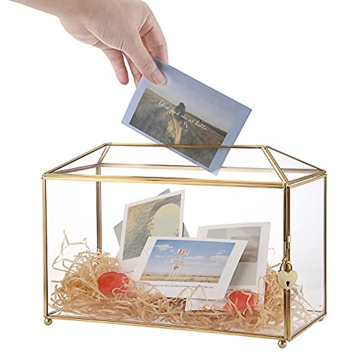 ELLDOO 12.6" Gold Glass Wedding Card Box with Heart Lock, Glass Gift Boxes, House Shape with Feet Clear Terrarium Planter for Wedding Receptions, Centerpiece Decor, Keepsake, Gift Display Box, Large Size