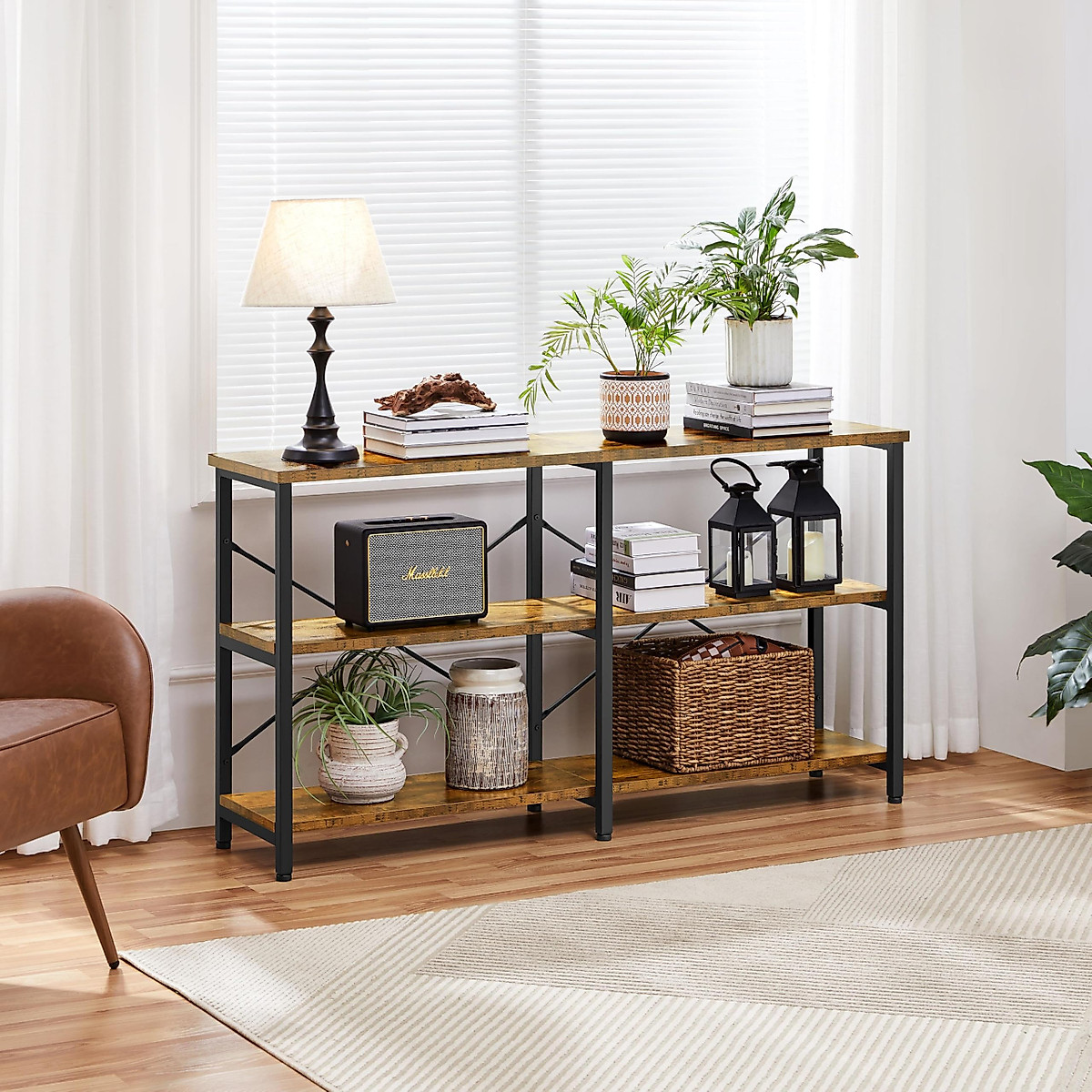 Yaheetech 55 Inch Console Table, Industrial Entryway Table with 3-Tier Storage Shelves, Sofa Table Narrow Long for Living Room, Entryway, Hallway, Foyer, Metal Frame, Rustic Brown