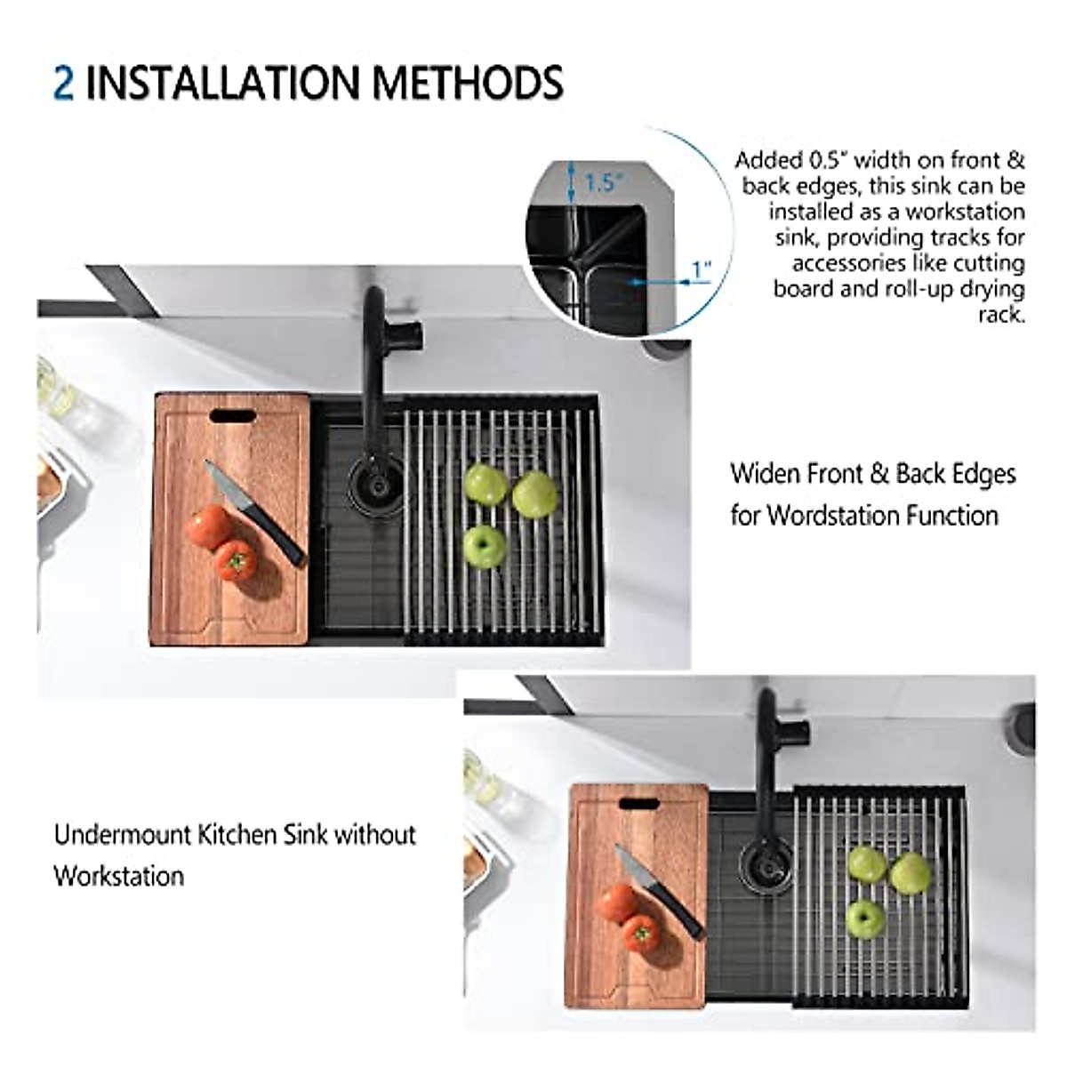 33 Black Undermount Kitchen Sink, 33x19x10 Inch 16 Gauge Black Stainless Steel Single Bowl Workstation Kitchen Sinks With Accessories BL34