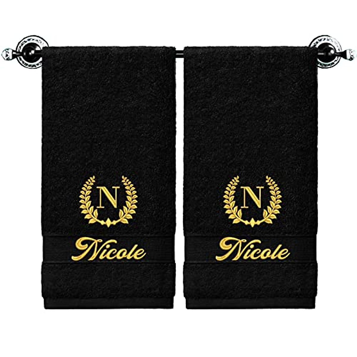 Custom Towel Set of 2, Monogrammed Hand Towels , Personalized Hand Towels with Names, 100% Cotton Luxury Embroidered Hand Towels for Personalized Gift Wedding Bathroom Spa (Black with Pattern)