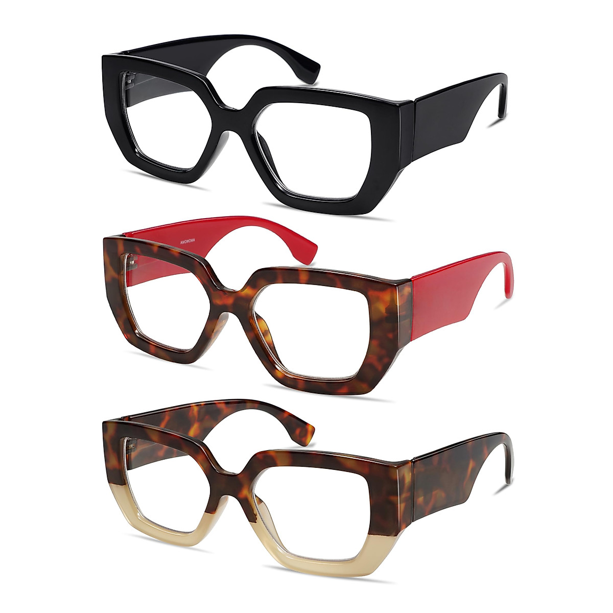 AMOMOMA 3-Pack Oversized Square Reading Glasses for Women,Fashion Trendy Style Blue Light Blocking Eyewear Readers Large Frame with Spring Hinge AM6109 C1+C3+C4 1.0 x