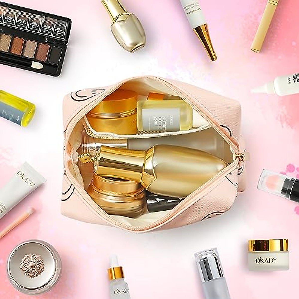 WALONER Makeup Bag For Women Preppy Makeup Bag Pu Leather Waterproof Cosmetic Bag Makeup Bag Organizer Cute Portable Makeup Bag As A Gift For Women Or,Pink